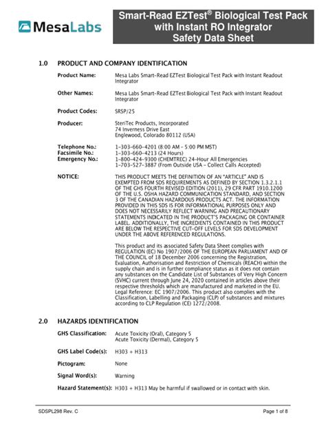 Sdspl298c Mesa Labs Smart Read Eztest 10 5th Biological Test Pack With Instant Ro Integrator Pdf