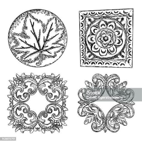 스카프 인쇄 또는 직물 디자인을위한 아름다운 손으로 그린 바로크 양식의 요소 또는 빈티지 패치 세트 장식용 대리석 석재 건축