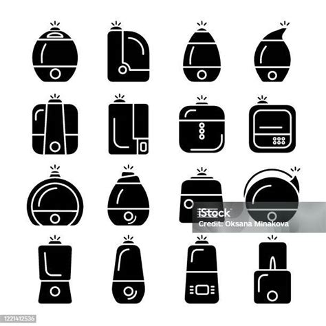 흰색 배경에 격리 된 검은 색 가습기 공기 디퓨저 아이콘 세트입니다 정화기 소기후 초음파 홈 플랫 벡터 일러스트 레이션 건강한