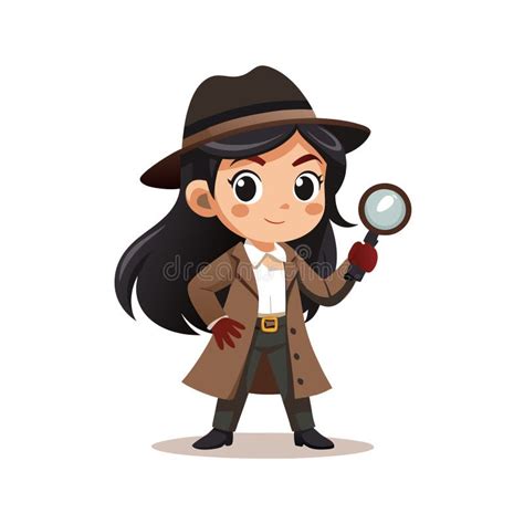 Cartoon Girl Detective Character With Magnifying Glass In Investigation