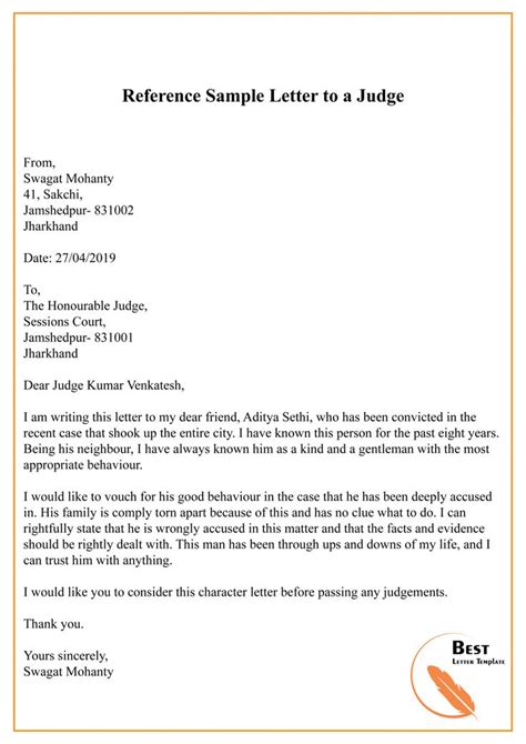 Character Reference Letter To Judge Format Sample Example Letter