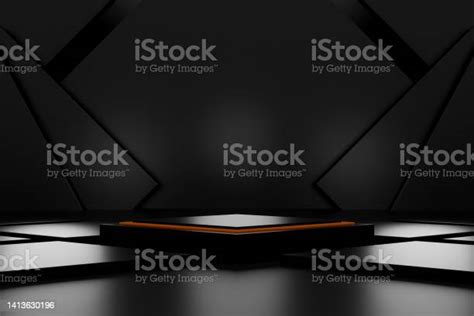 검은 기하학적 무대 연단과 네온 라이트 어두운 과학적 배경제품을 보여주는 단계 받침대 현대 3d 스튜디오 어두운 플랫폼에 무대