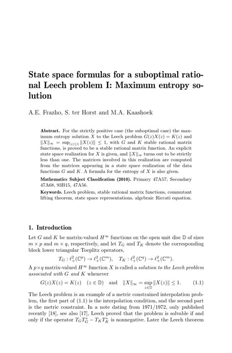 Pdf State Space Formulas For A Suboptimal Rational Leech Problem I Maximum Entropy Solution