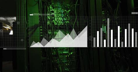 Data Charts Image Over Server Room With Green Lighting And Cables Stock