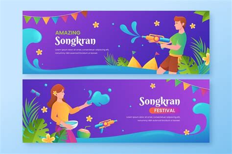 송크란 물 축제 축하를 위한 그라데이션 가로 배너 템플릿 무료 벡터
