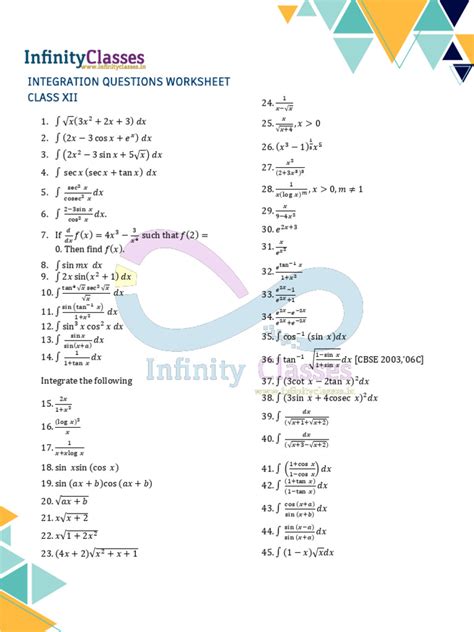 Class Xii Integration Worksheet Day 1 Pdf