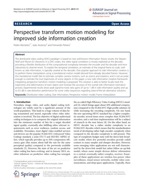 Pdf Perspective Transform Motion Modeling For Improved Side Information Creation