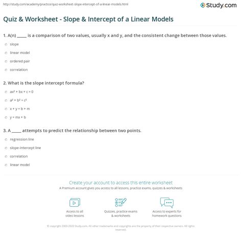 Quiz And Worksheet Slope And Intercept Of A Linear Models