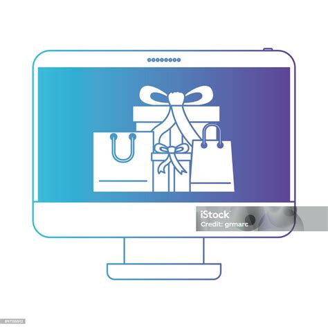 선물 상자와 쇼핑백 보라색 컬러 윤곽선 저하 파란색에서 화면에서 데스크톱 컴퓨터 전면 모습 가방에 대한 스톡 벡터 아트 및 기타 이미지 가방 경관 고름 Istock