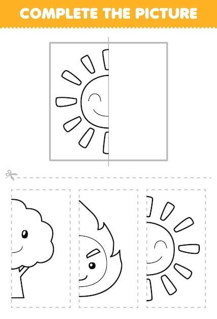 어린이를 위한 교육 게임은 인쇄 가능한 자연 워크시트를 색칠하기 위한 귀여운 만화 태양 반 개요의 그림을 자르고 완성합니다 프리미엄 벡터