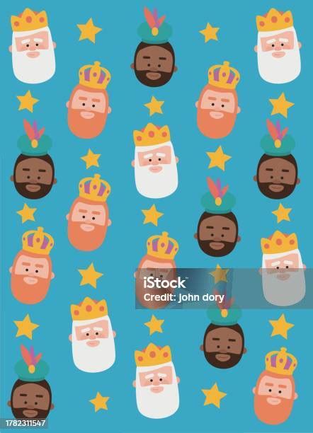 크리스마스 블루 배경 동양의 세 왕 멜키오 가스파드와 발타자르 포장 지 패턴 12월에 대한 스톡 벡터 아트 및 기타 이미지 12월 가족 겨우살이과 Istock