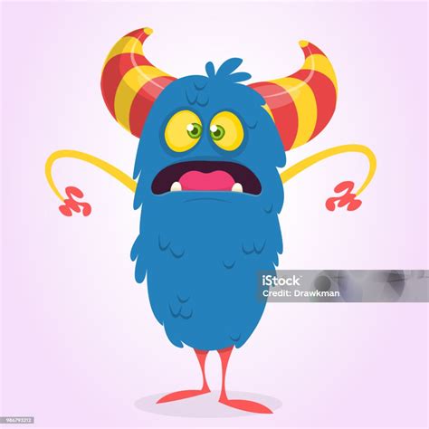 귀여운 무서 워 하거나 놀라 만화 괴물 괴물입니다 할로윈에 대 한 재미 있는 파란 괴물 캐릭터의 벡터 일러스트 레이 션 갈고리 발톱에 대한 스톡 벡터 아트 및 기타 이미지