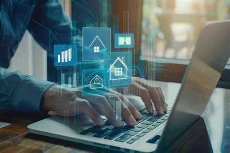Real Estate Agent Analyzing Market Data On A Laptop With Digital Graphs And House Icons