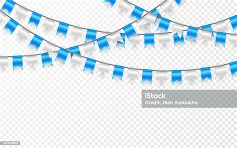 축 하 파티 배너입니다 블루와 실버 플래그 화 환입니다 벡터 일러스트 레이 션 공휴일에 대한 스톡 벡터 아트 및 기타 이미지