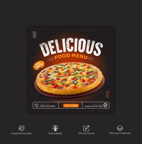 음식 메뉴 및 레스토랑 소셜 미디어 배너 템플릿 프리미엄 벡터