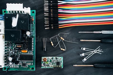 Computer Circuit With Cables And Details Flat Lay Stock Image Image Of Internal Electronic