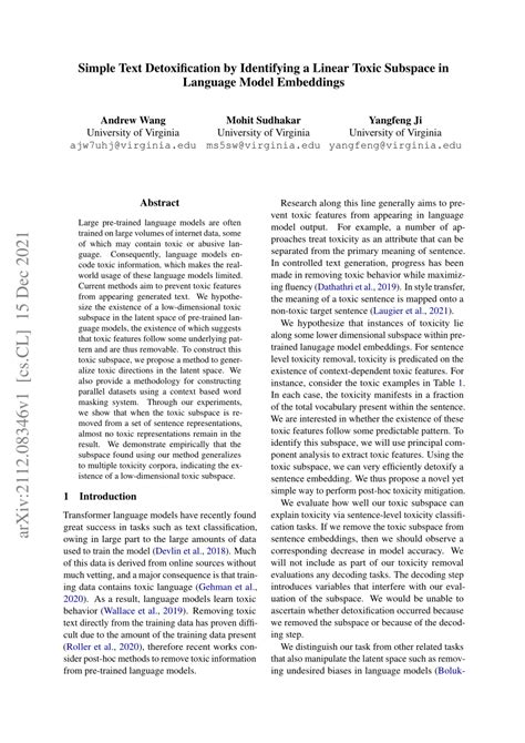 Pdf Simple Text Detoxification By Identifying A Linear Toxic Subspace In Language Model Embeddings