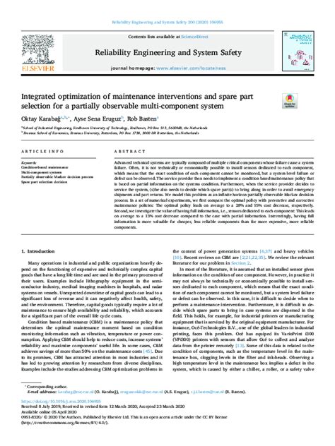 Pdf Integrated Optimization Of Maintenance Interventions And Spare Part Selection For A