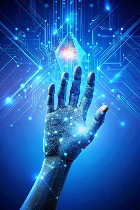 Artificial Intelligence And Human Hand Touching With Digital Data Technology Concept On A Blue