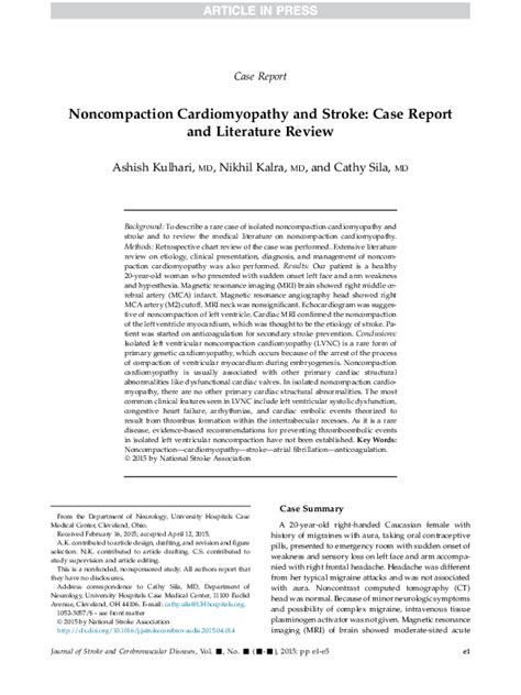 Pdf Noncompaction Cardiomyopathy And Stroke Case Report And Literature Review