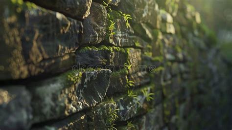 Ancient Stone Wall Moss Covered Bathed In Sunlight Showing Texture And