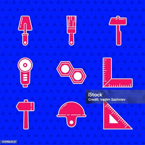 육각형 금속 너트 작업자 안전 헬멧 삼각형 통치자 코너 해머 앵글 그라인더 및 트로엘 아이콘을 설정합니다 벡터 각도에 대한 스톡 벡터 아트 및 기타 이미지 Istock