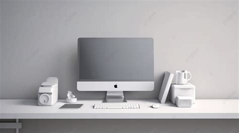 Desktop Minimalis Dengan Komputer Putih Yang Dirender 3d Komputer Desktop Komputer Desktop