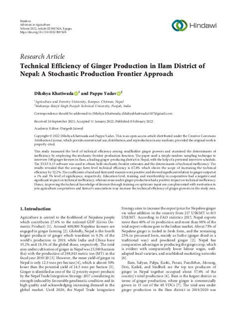 Pdf Technical Efficiency Of Ginger Production In Ilam District Of Nepal A Stochastic