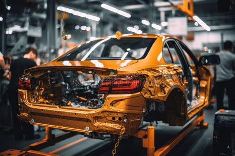 Futuristic Scene Of Advanced Electric Vehicle Assembly Line At State Of The Art Automotive Plant
