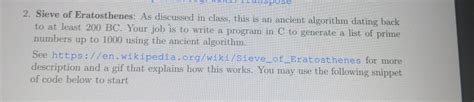 solved 2 sieve of eratosthenes as discussed in class this