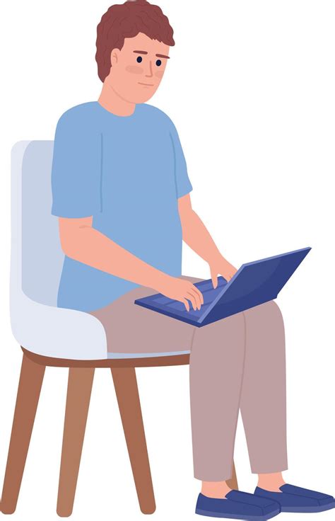 Man With Laptop On Lap Sitting In Armchair Semi Flat Color Vector