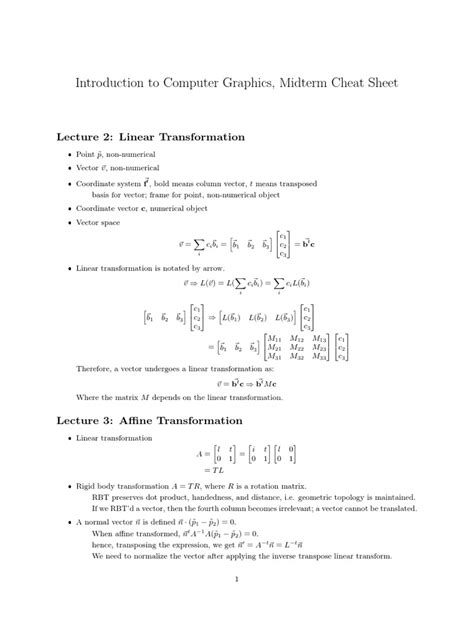 Computer Graphics Cheatsheet Pdf Euclidean Vector Vector Space