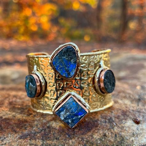 Labradorite Cuff Bracelet Handmade Brass Copper Cuff Rough Stone