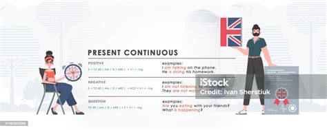 현재 연속적입니다 영어로 시제를 연구하기위한 규칙 영어를 가르치는 개념 트렌드 캐릭터 플랫 스타일 벡터 교사 교육 관련 직업에