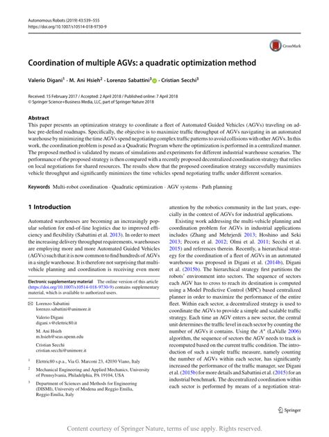coordination of multiple agvs a quadratic optimization method