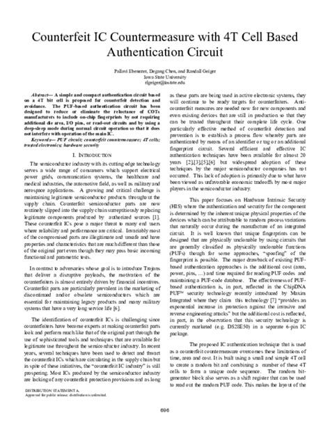 Pdf Counterfeit Ic Countermeasure With 4t Cell Based Authentication Circuit