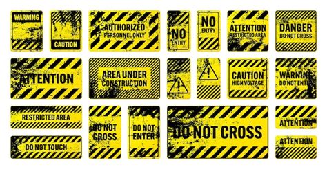 Различные желтые предупреждающие знаки с диагональными линиями старое внимание опасность или