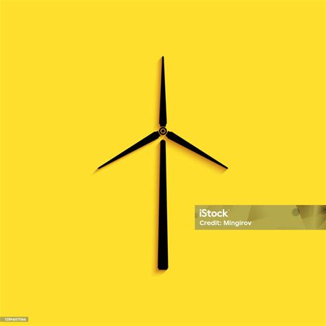 노란색 배경에 격리된 블랙 윈드 터빈 아이콘입니다 풍력 발전기 기호 풍차 실루엣 전력 생산을 위한 풍차 긴 그림자 스타일 벡터