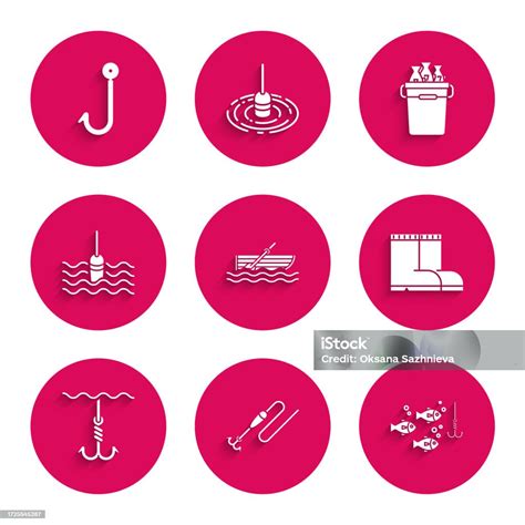 물 위에 노를 젓고 낚싯줄과 플로트 물고기 부츠 양동이 물고기 및 아이콘 아래에 노를 젓는 낚시 보트를 설정하십시오 벡터 가득 찬에 대한 스톡 벡터 아트 및 기타 이미지