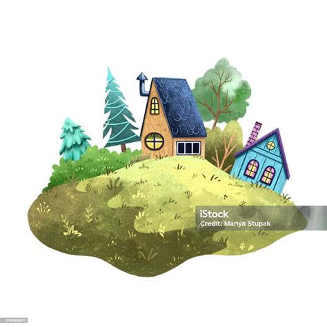 귀여운 마을 집의 삽화 오래된 오두막집 동화 속 집 만화 스타일 여름 풍경 귀여운 건물과 나무 나무 빈티지 부동산 마을 자연 카드 농장 주택 카드 컴퓨터 그래픽에 대한 스톡