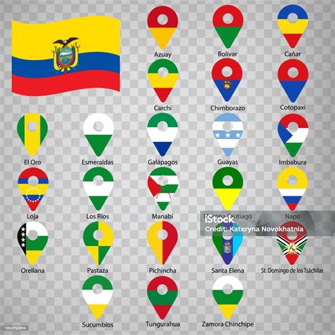 24 플래그 에콰도르 의 지방 이름 알파벳 순서 에콰도르 의 국기 지방 과 같은 2d 지리적 위치 표지판의 세트 디자인에 대한 24 개의 2d 지리적 위치 표지판 24 개