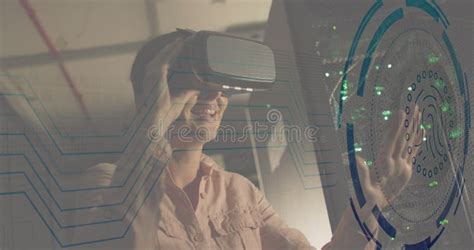 image of data processing over caucasian female worker with vr headset