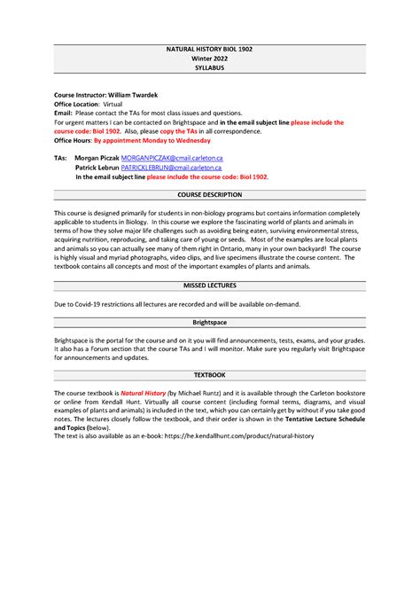 Course Outline Biol 1902 Winter 2022 Natural History Biol 1902 Winter 2022 Syllabus Course