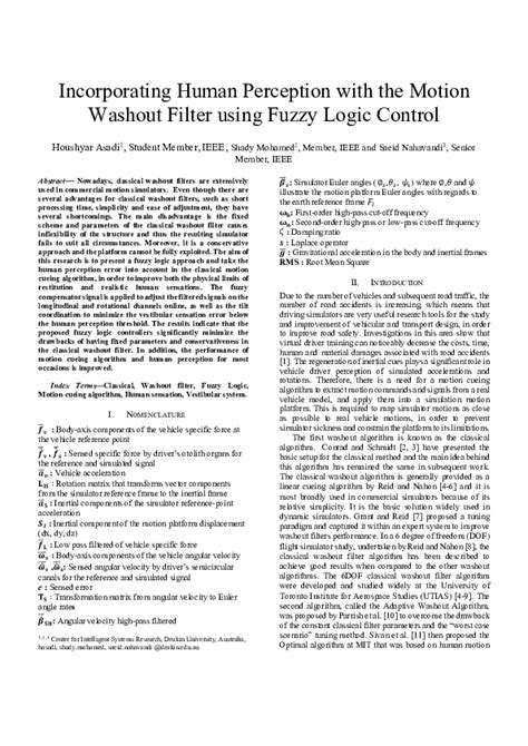 Pdf Incorporating Human Perception With The Motion Washout Filter Using Fuzzy Logic Control