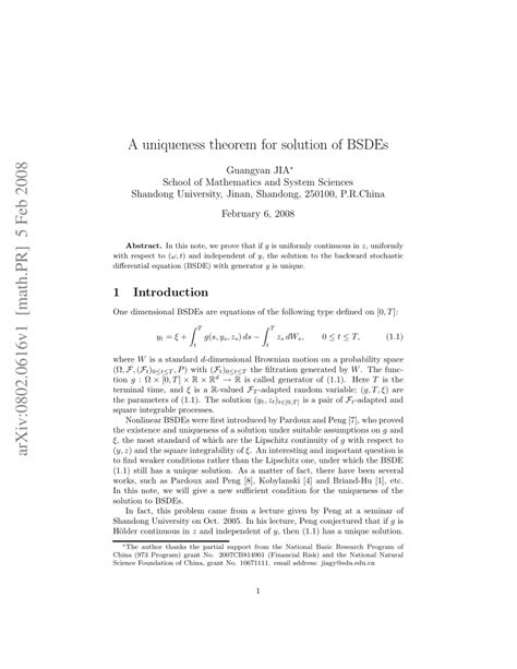 Pdf A Uniqueness Theorem For Solution Of Bsdes