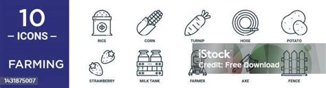 농업 개요 아이콘 세트는 얇은 선 쌀 순무 감자 우유 탱크 도끼 울타리 보고서 프리젠 테이션 다이어그램 웹 디자인을위한 딸기 아이콘을 포함합니다 고기에 대한 스톡 벡터 아트