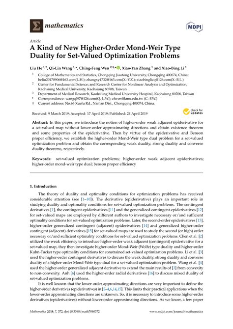 Pdf A Kind Of New Higher Order Mond Weir Type Duality For Set Valued Optimization Problems
