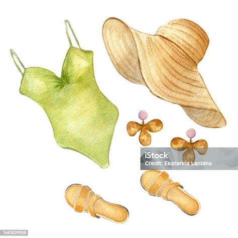 흰색으로 분리된 여성의 여름 옷 수채화 그림 해변 스타일의 수영복 밀짚 모자 및 샌들이 손으로 그렸습니다 상점 판매 잡지 포장