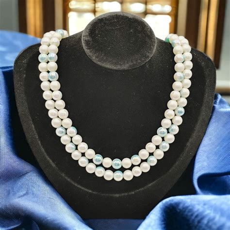 Vtg Faux Pearl And Iridescent Blue Turquoise Aqua Bead Double Strand