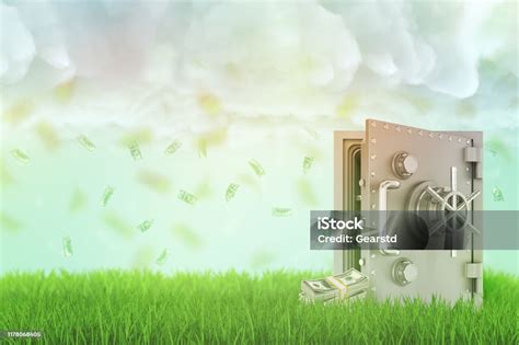 그 옆에 몇 돈 번들이와 두꺼운 구름에서 떨어지는 달러 지폐의 비와 신선한 녹색 잔디에 오픈 금고의 3d 렌더링 떨어짐에 대한 스톡 사진 및 기타 이미지 Istock